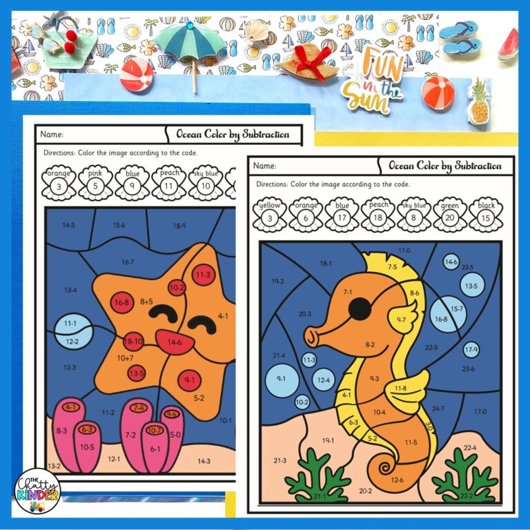 Ocean Color By Number - Subtraction to 20 - The Chatty Kinder